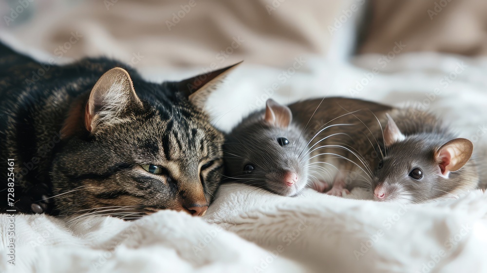 Cat and rat lie together on bed. Illustrating peaceful animal ...