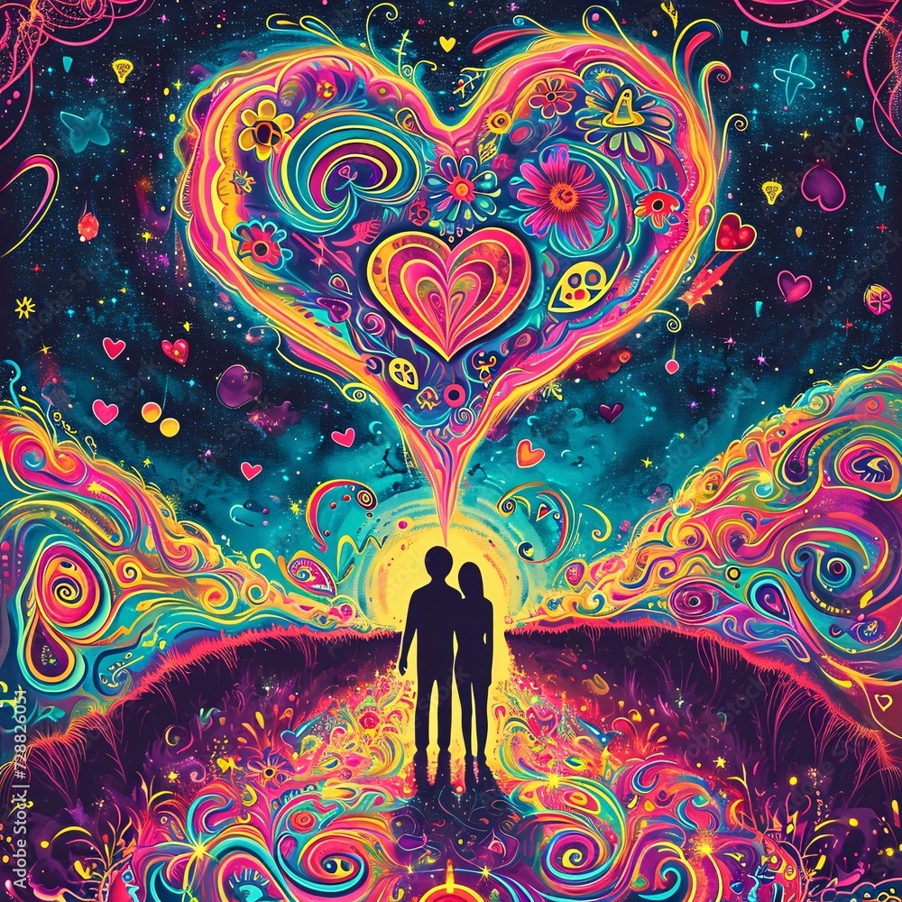 Colorful rainbow abstract illustration of a couple, in love around a ...