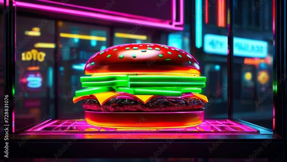 A cheeseburger with a rainbow-colored neon frame surrounding it. The ...