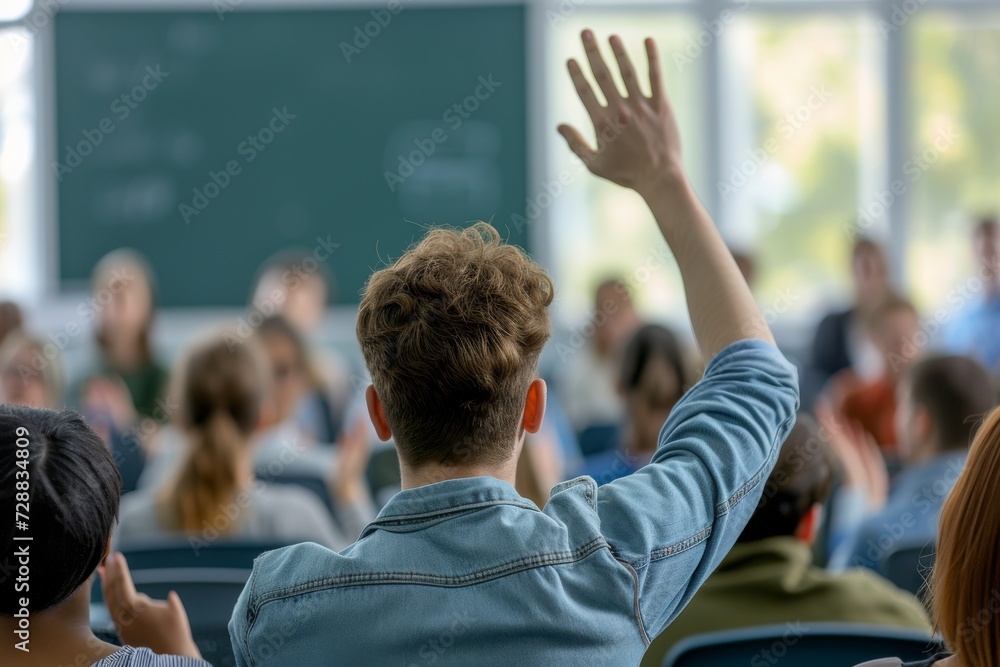 Mature Student Raising Hand in University Lecture Hall as Professor ...