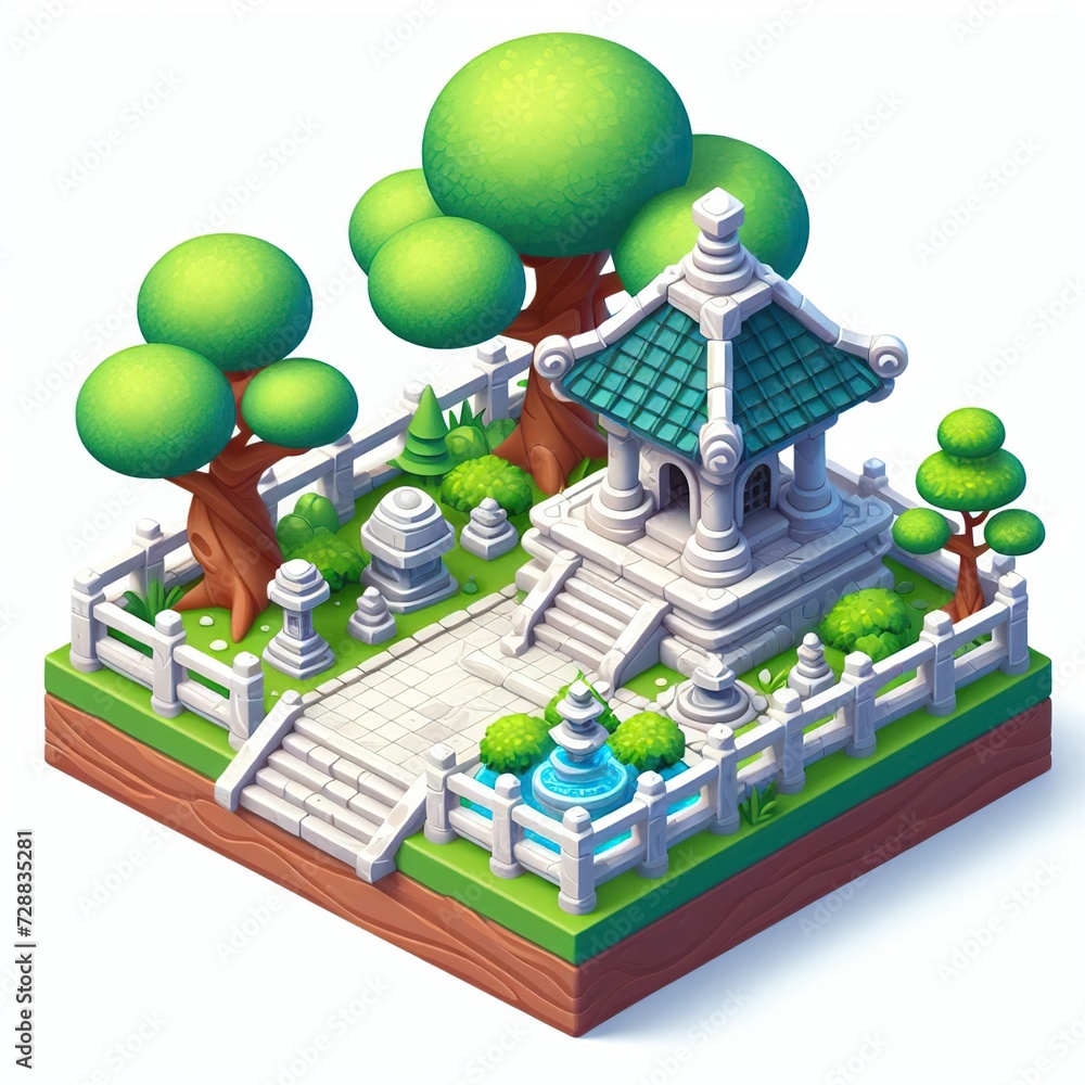 Enchanted Garden Temple A serene and detailed isometric illustration of ...