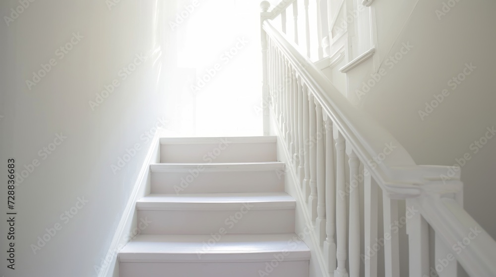 a set of white stairs leading up to a window with a light coming ...