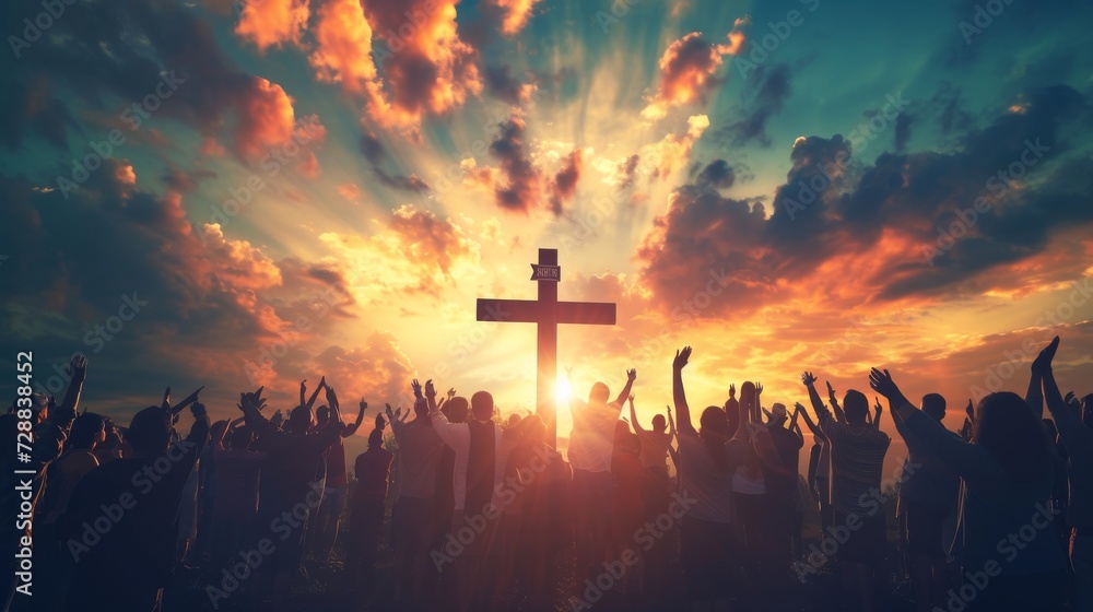 Silhouettes of Worshipers with Uplifted Hands at Sunset Praising before ...