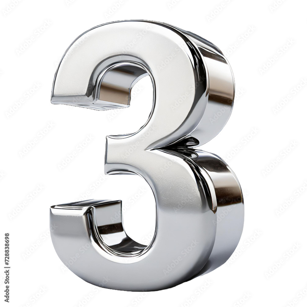 silver number 3 cut out or 3d platinum number 3 isolated on white ...