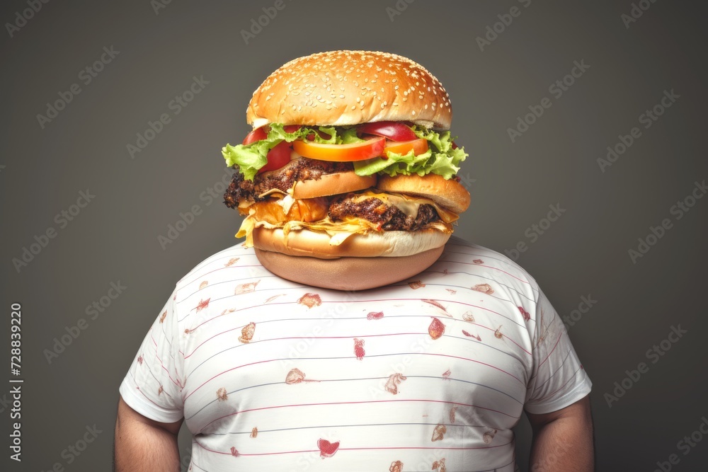 Fat man with burger head wearing a t-shirt. Concept of fast food ...