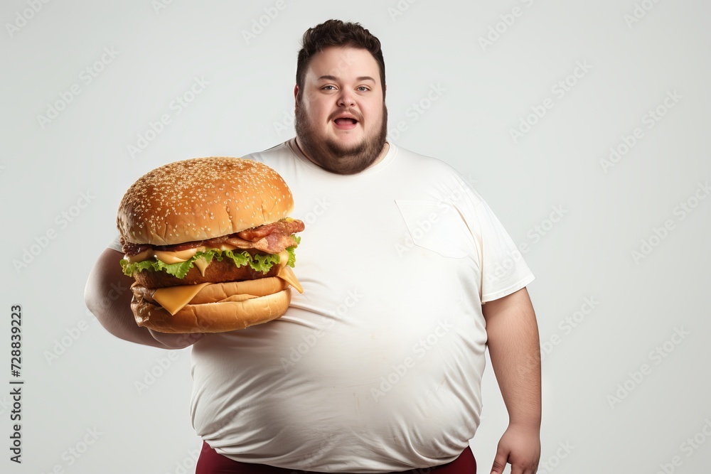Fat man with big burger wearing a t-shirt. Concept of fast food ...