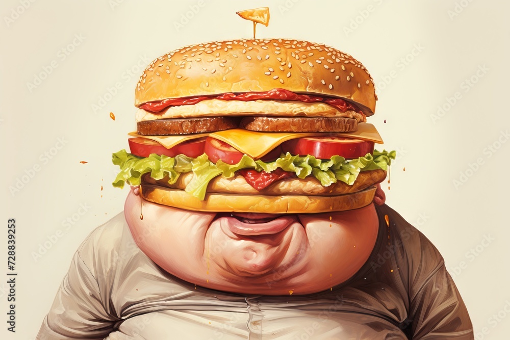 Fat man with hamburger head. Concept of fast food, unhealthy eating ...
