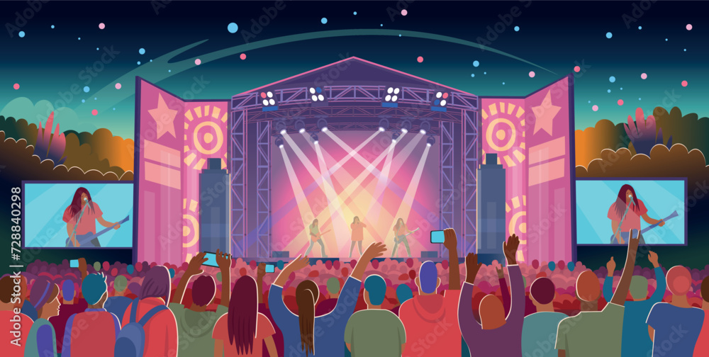 Open air music festival. Music Stages, vector illustration of a crowd ...