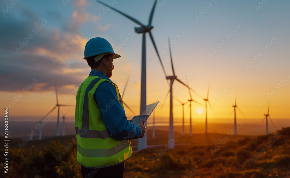 Wind energy engineer Industrial workers tablet sunset, showcasing ...