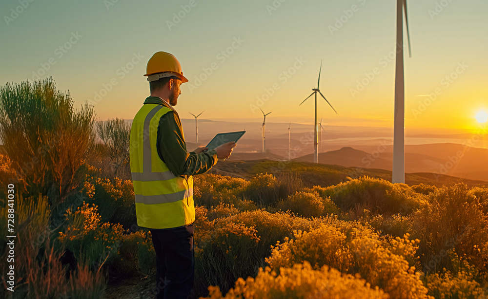 Wind energy engineer Industrial workers tablet sunset, teamwork in ...