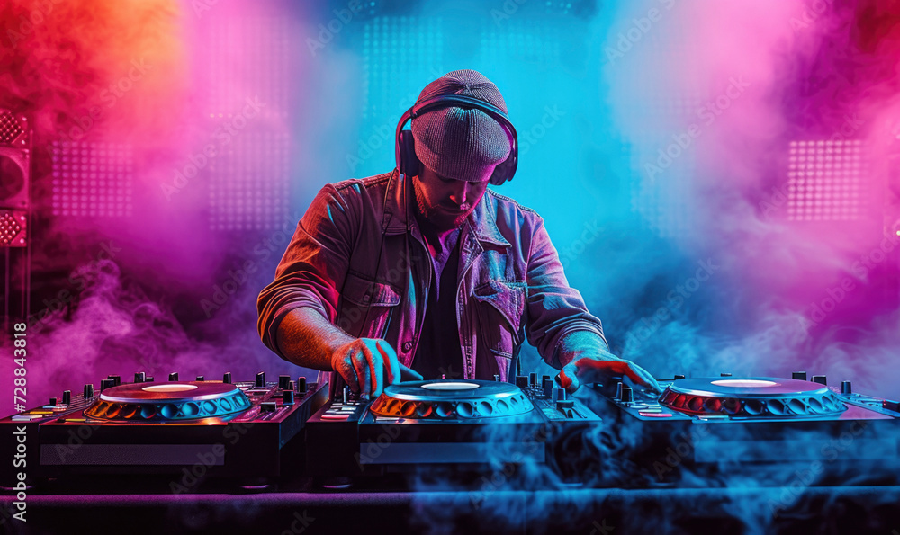 Charismatic disc jockey at the turntable. DJ plays on the best, famous ...