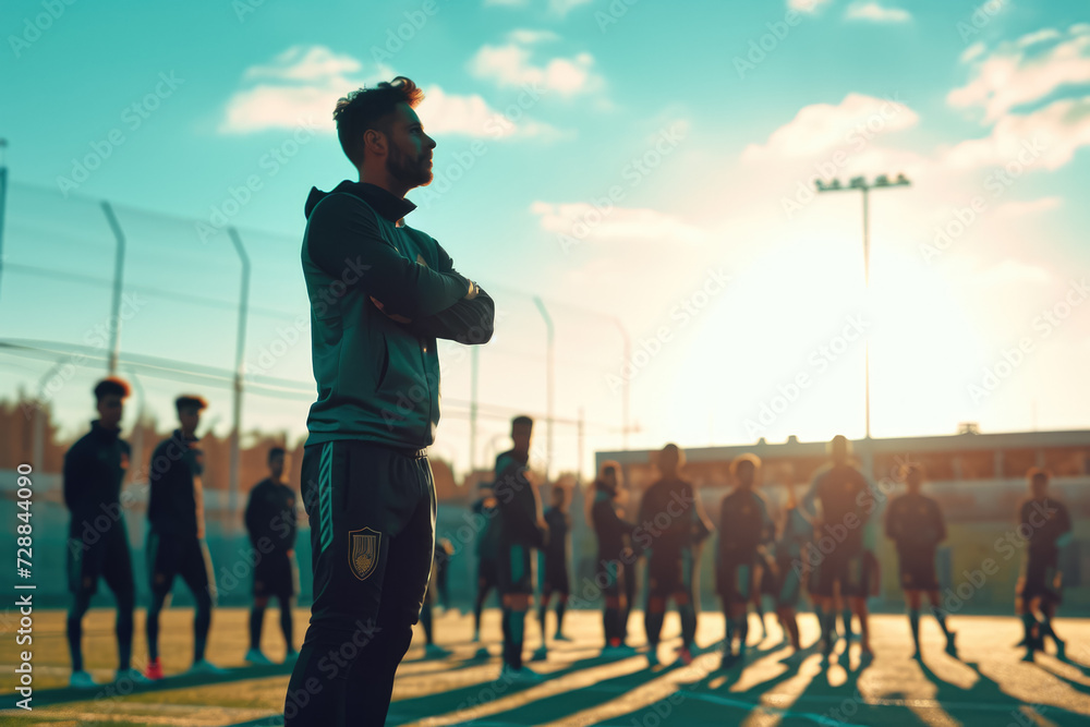 coach training a team in a stadium with a whistle and a motivational ...