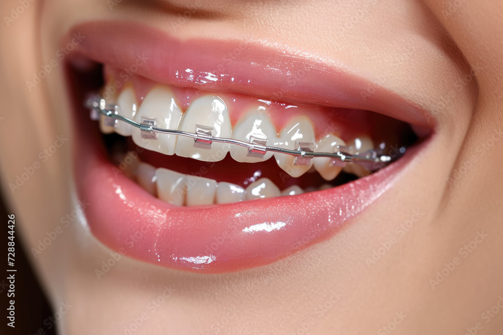 model wearing a dental brace and a tooth overlay on their mouth Stock ...