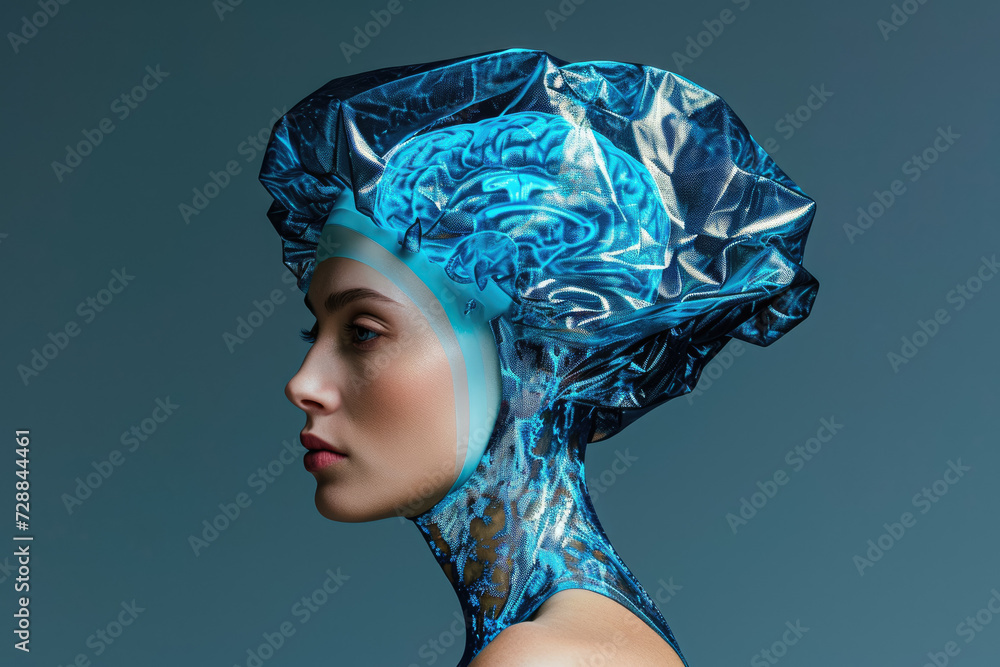 model wearing a MRI scan and a brain scan overlay on their head Stock ...