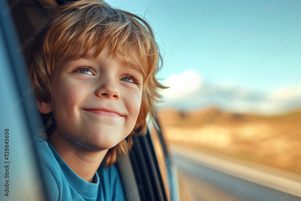 Boy looking out opened car window. Happy boy looking out of open car ...