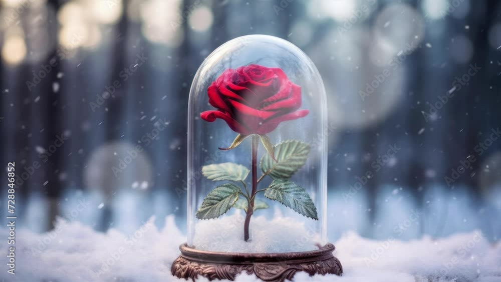 A red rose closed under a glass dome. Symbol of love with winter ...