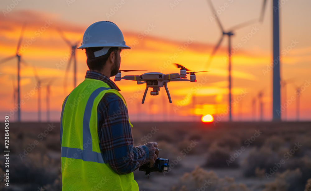 Wind energy engineer Industrial workers sunset, drone-assisted teamwork ...