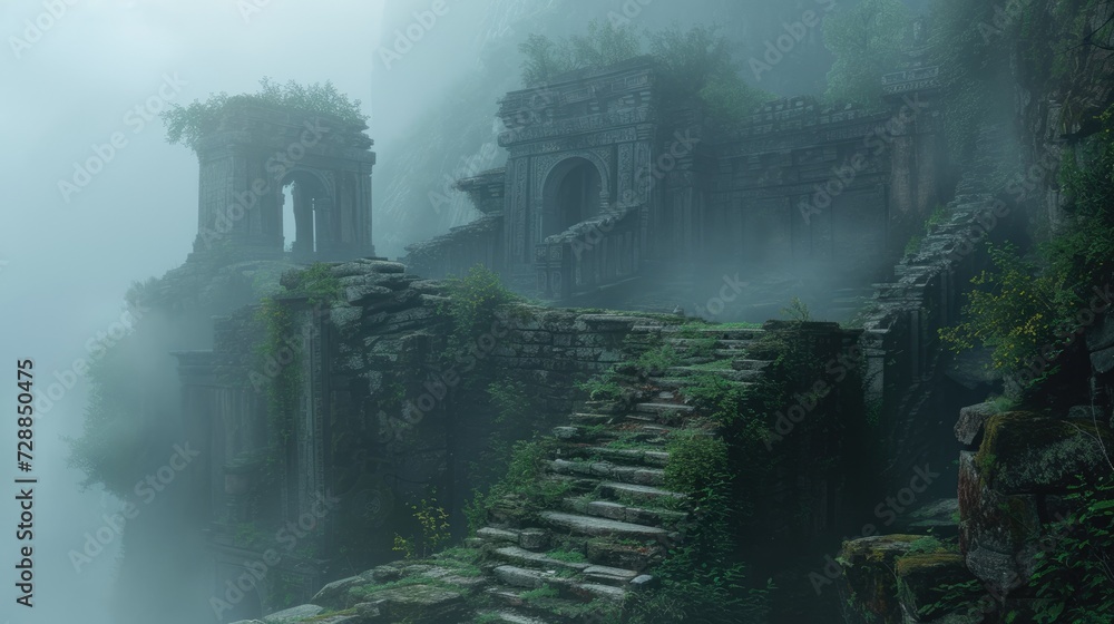 An ancient ruin on a misty mountain, with forgotten temples and ...