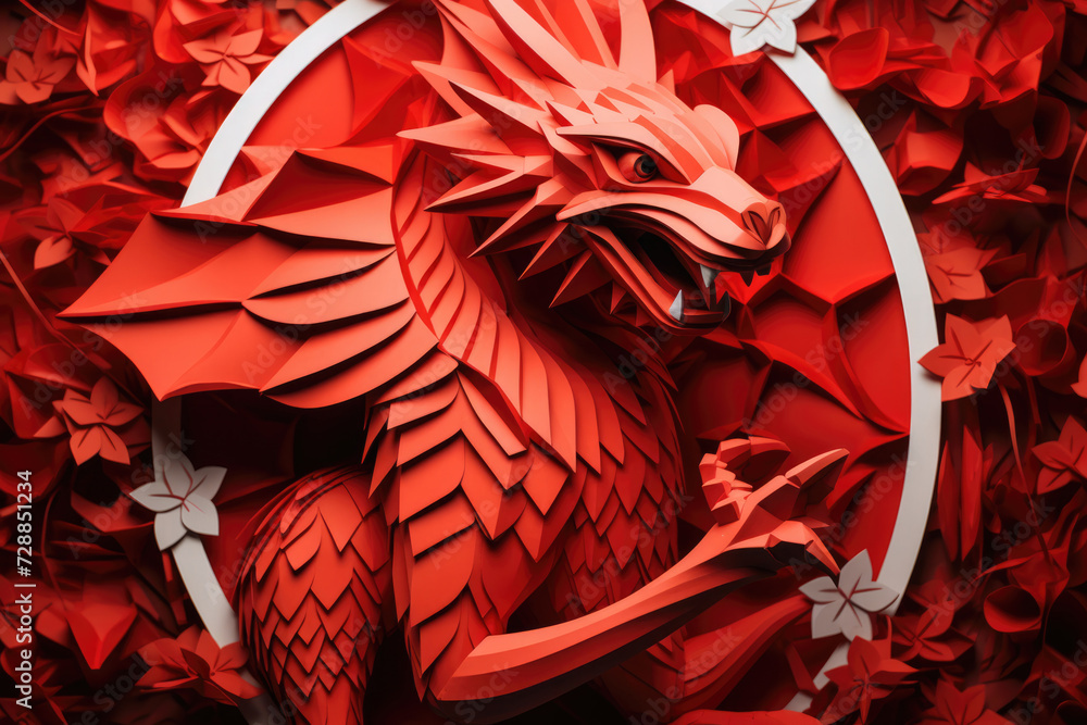 Red papercraft dragon amidst paper flowers, symbolizing Welsh pride ...