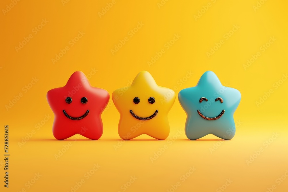 Happy customers rate golden stars, smiling emojis emoticons. Golden ...