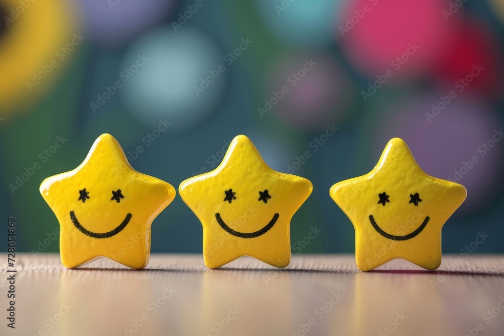 Happy customers rate golden stars, smiling emojis emoticons. Golden ...