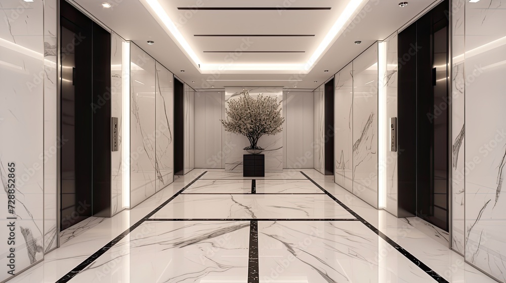a bright basement elevator room reminiscent, featuring black and white ...