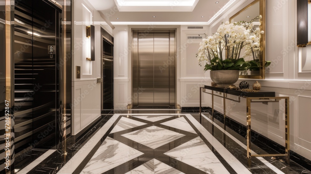 a bright basement elevator room reminiscent, featuring black and white ...