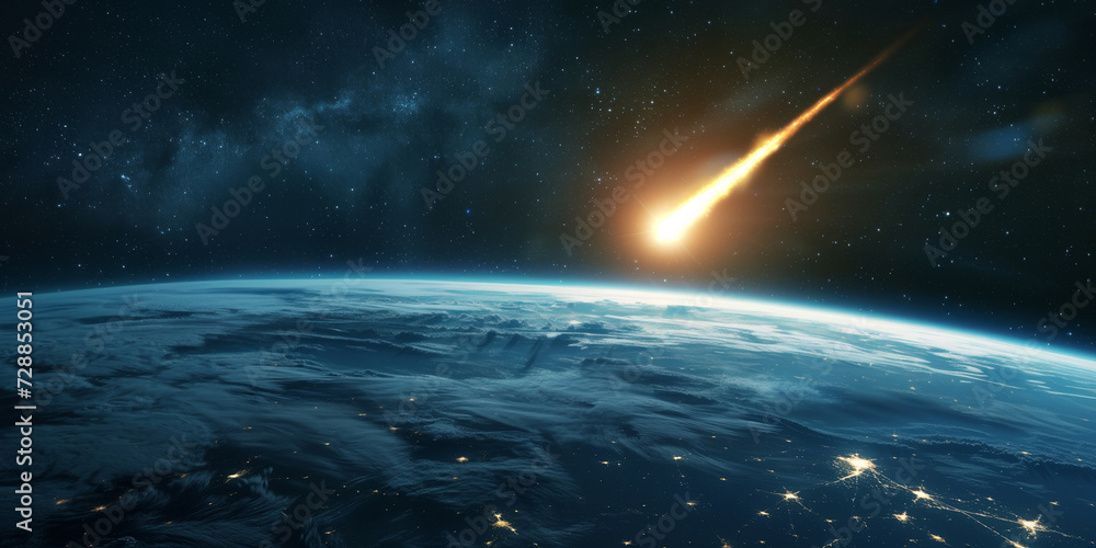 Asteroid entering planet Earth atmosphere before impact, meteor warning from space, comet danger ...
