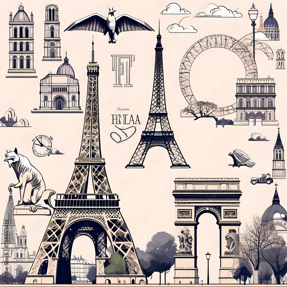 Foto de et of landmarks and symbols of Paris, France isolated on ...
