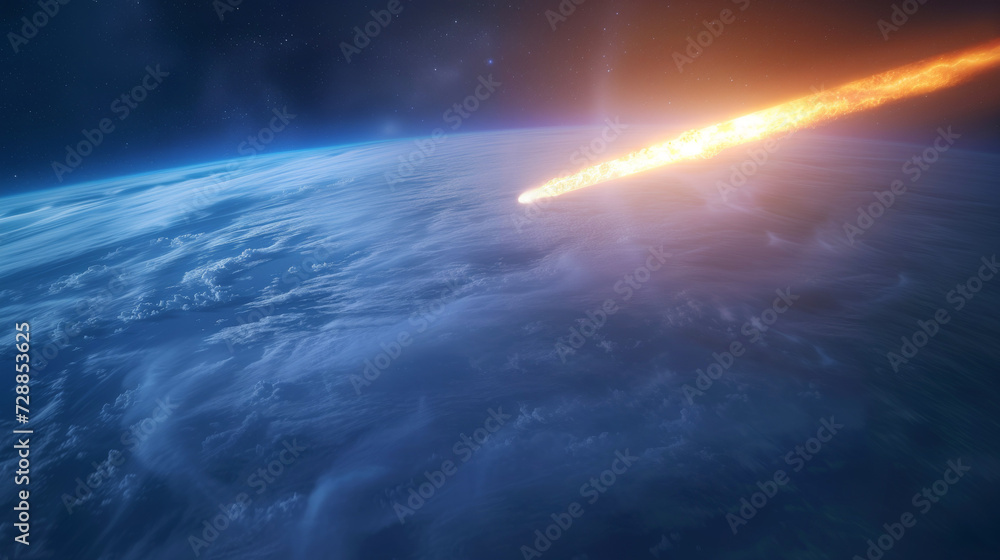 Asteroid entering planet Earth atmosphere before impact, meteor warning from space, comet danger ...
