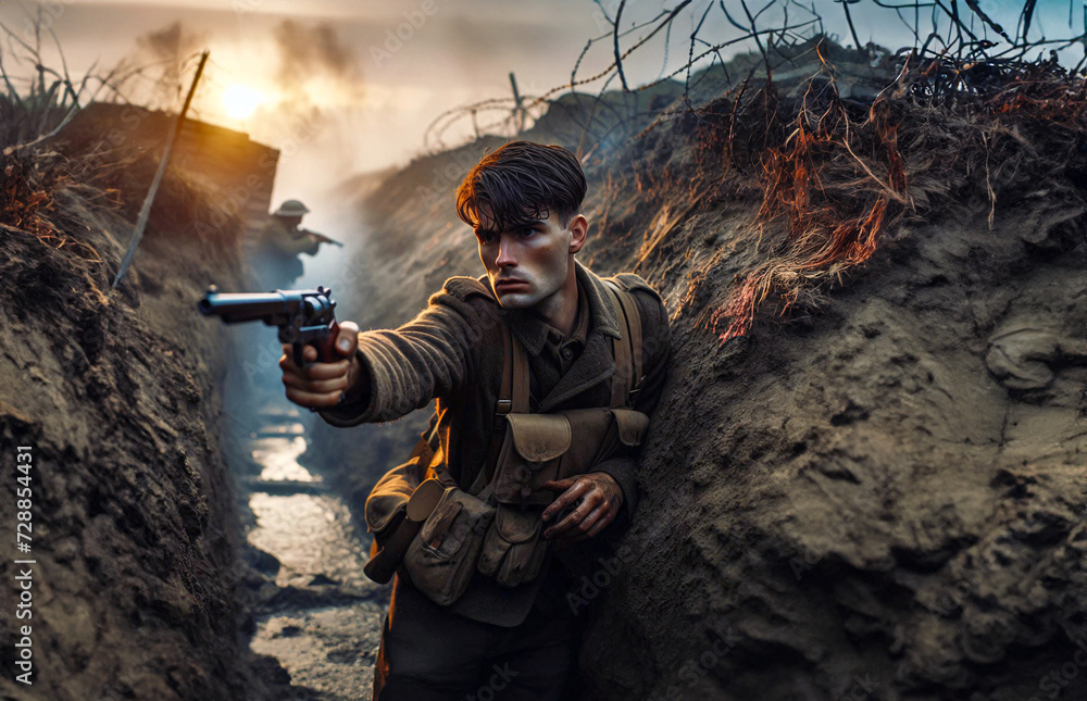 Landscape image of military leader under stress and pointing pistol ...