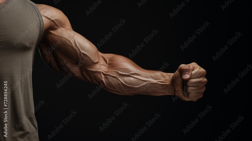 tense arm clenched into fist, veins, bodybuilder muscles on a dark ...