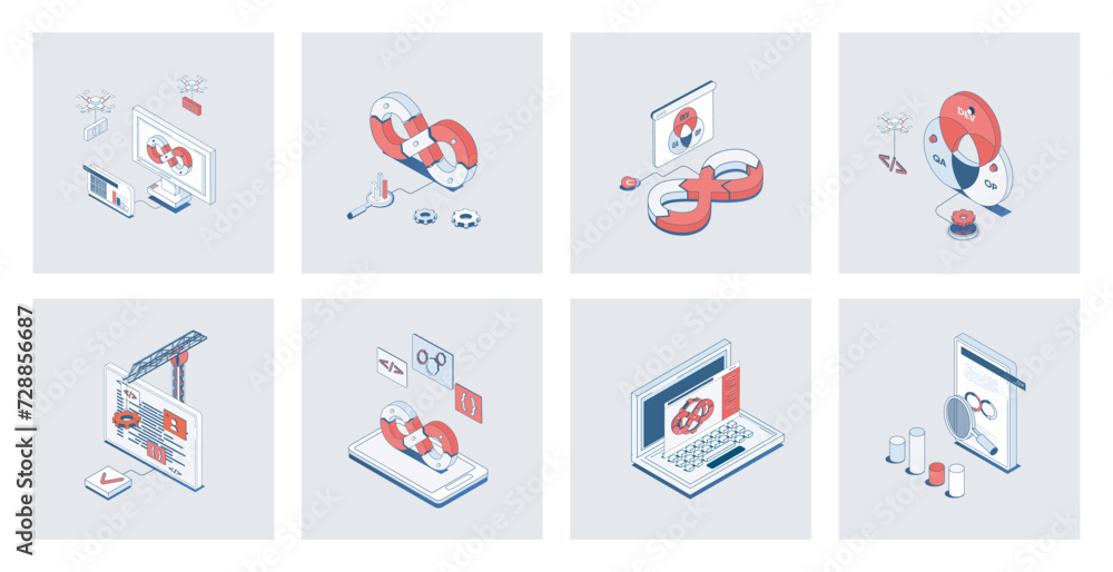 DevOps concept of isometric icons in 3d isometry design for web. Agile ...