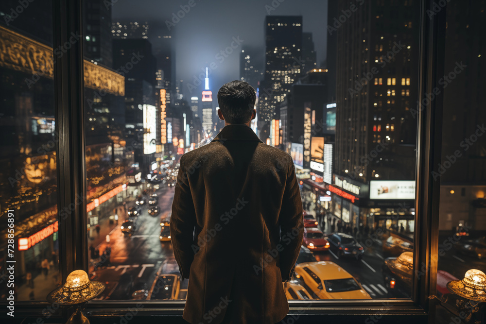 Nighttime Reflection: Man Stares Out Window to City Lights Below Stock ...