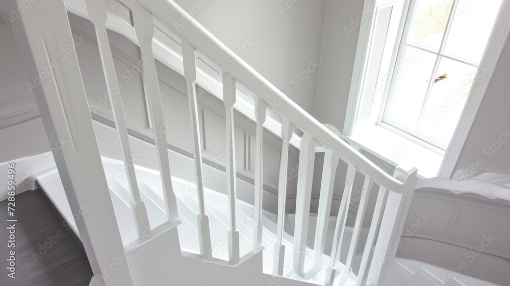 a white stair case in a house with a window on the far side of the ...
