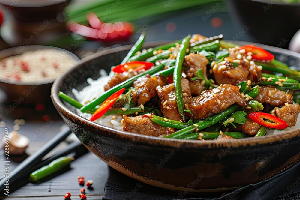 Asian style pork stir fry with green beans rice garlic chili and ginger ...
