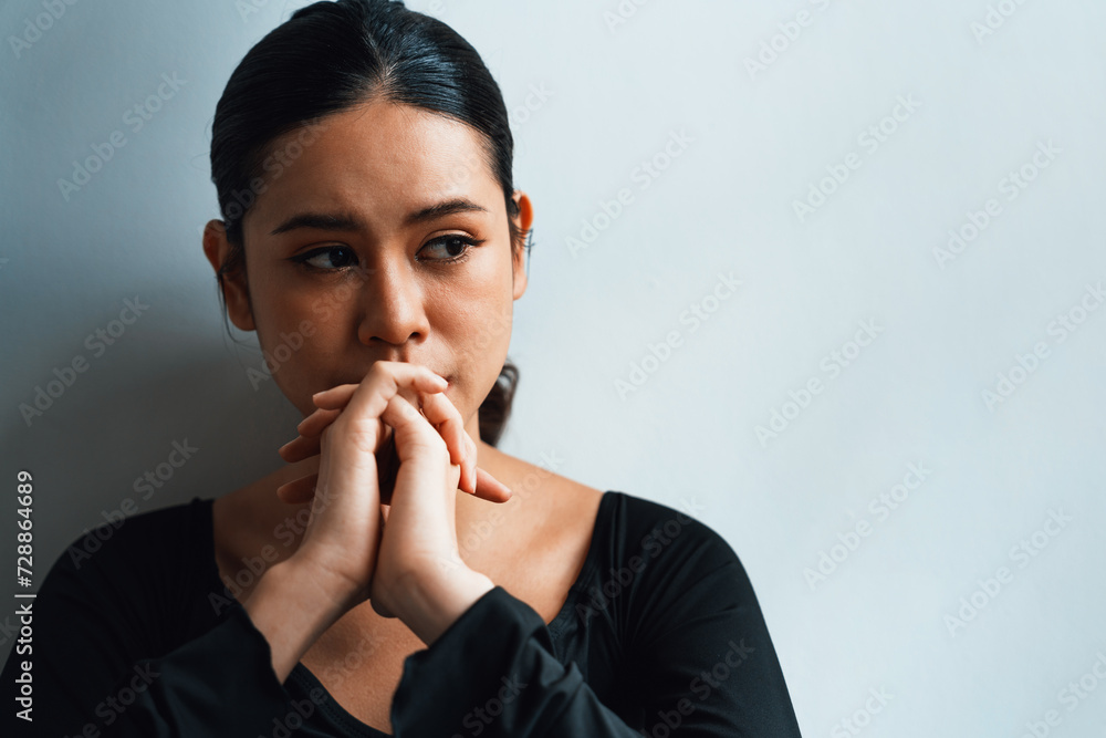 Depressed young Asian woman with mental health problem in mind need ...