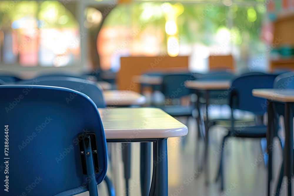 Elementary class room with empty chairs and tables Blurry background of ...