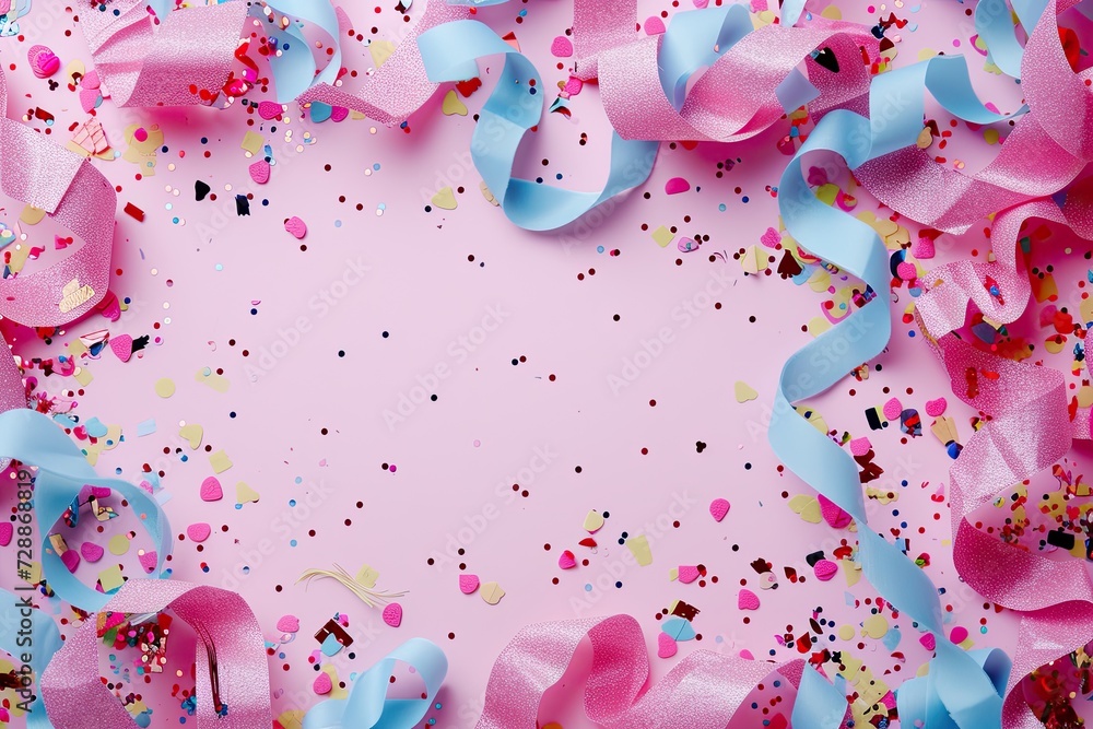 Pink party background with colorful streamers bordering copy space and ...