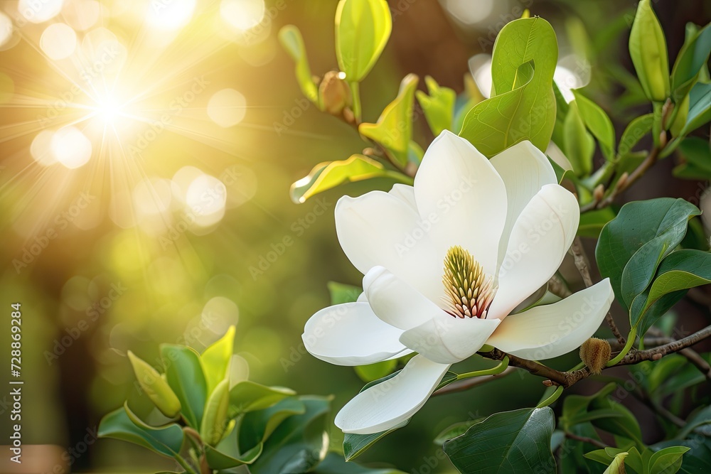 Stunning white magnolia blooms under summer or spring sunlight ...