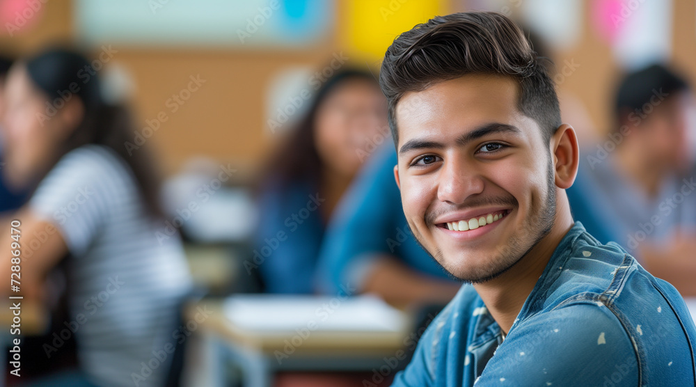 Latino male college student sitting a classroom smiling, student study ...