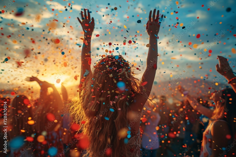Amidst a shower of colorful confetti, a jubilant woman raises her hands ...