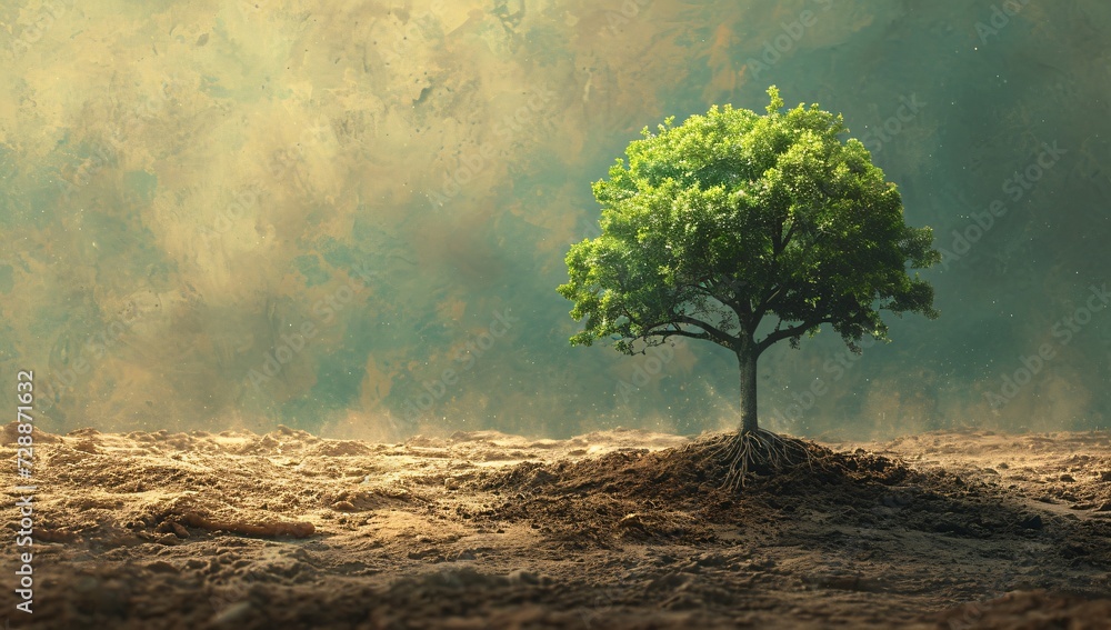 Amidst the ethereal fog, a mighty tree stands tall, its roots deeply ...