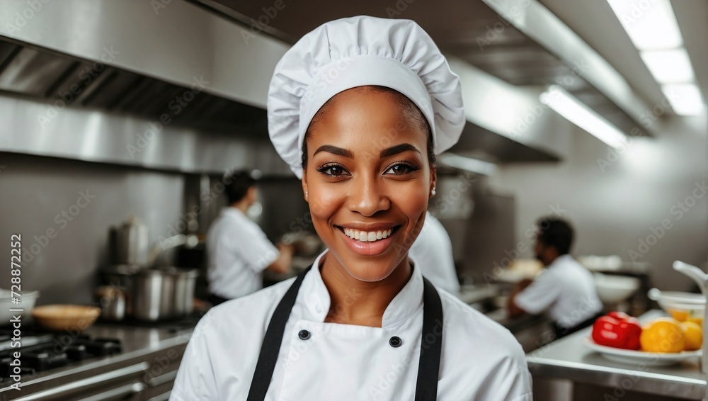 Professional young black female chef smiling confidently in a ...