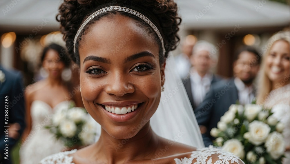 Radiant black bride smiling on her wedding day, wearing a lace bridal ...