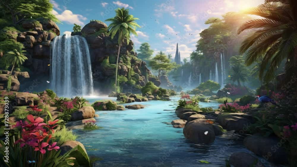 tropical Rainforest background video, with waterfall and river, tree ...