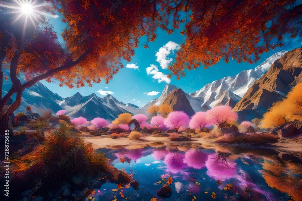 Envision a crystalline panorama where ethereal prisms refract sunlight ...