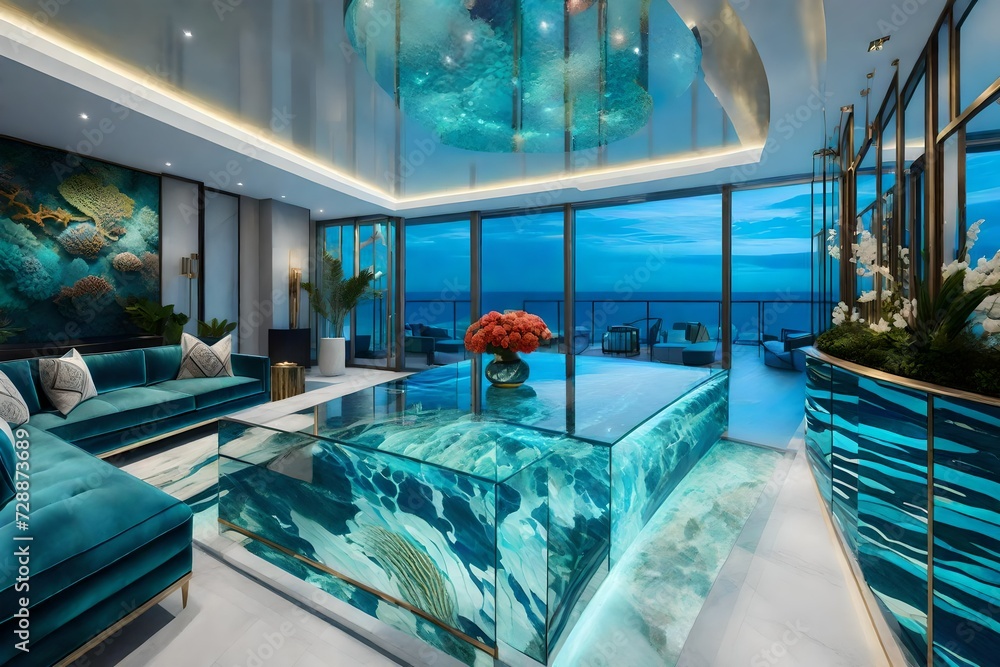 An oceanfront penthouse entry with a glass bridge, showcasing ...