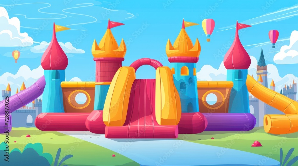 A vector illustration depicting inflatable playgrounds, including ...