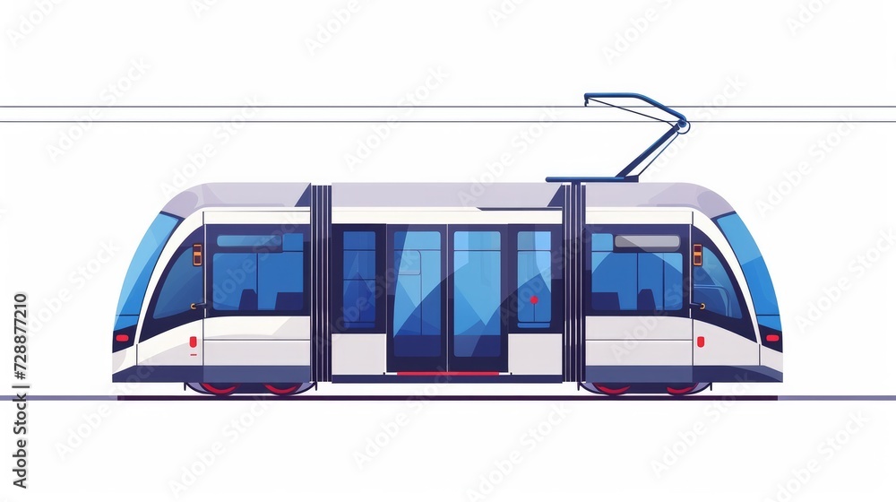 A flat vector icon depicting a light rail transit with a pantograph ...